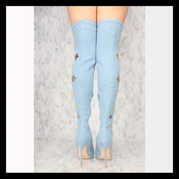 weeboo | Shoes | Sexy Blue Star Embroider Thigh High Boots | Poshmark